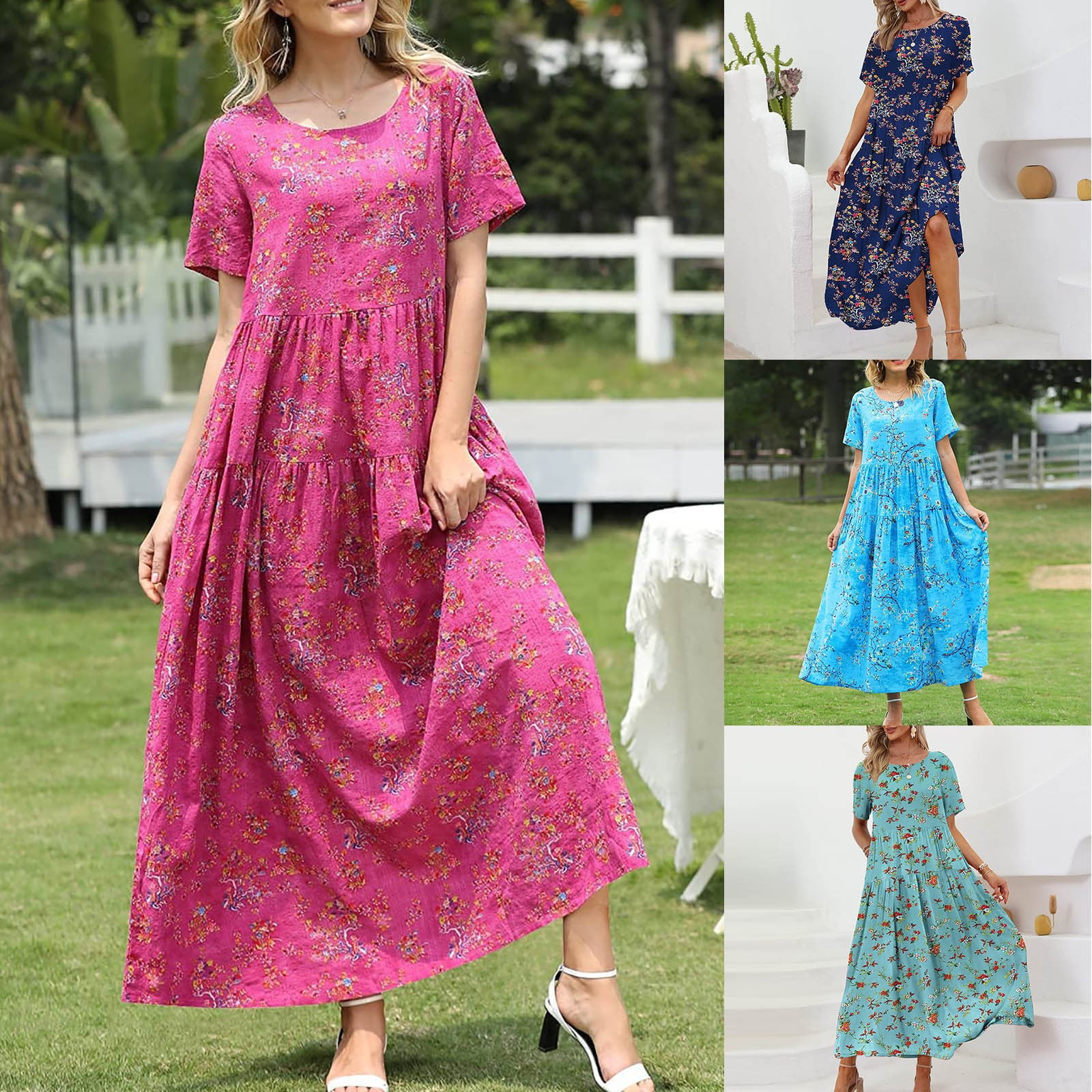 Summer Dresses for Women 2025 Comfortable Pleated Short Sleeve Flowy ...