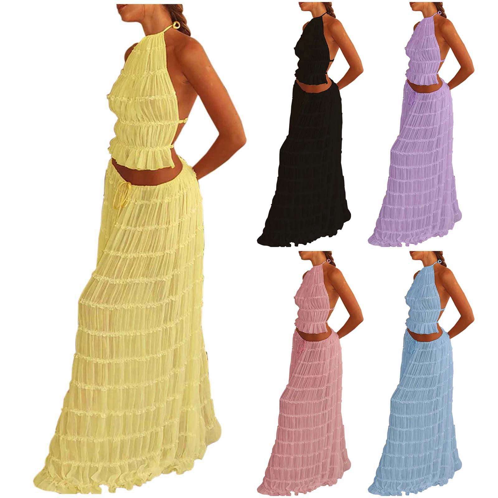 Summer Dresses for Women 2025 Elegant Chiffon Halter Neck Pleated Maxi ...