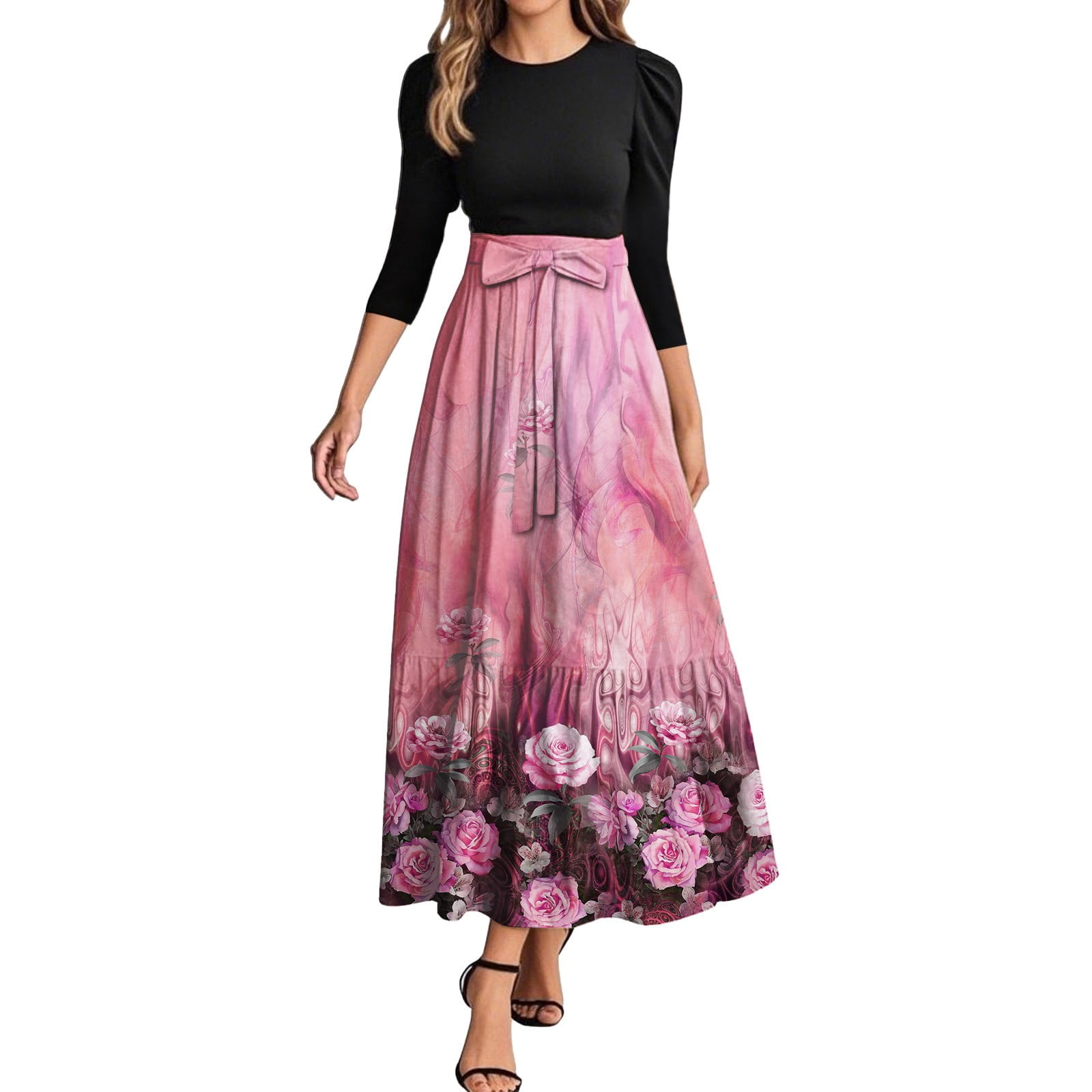 Summer Dresses for Women 2025 Puff 3/4 Sleeve Patchwork A Line Maxi ...