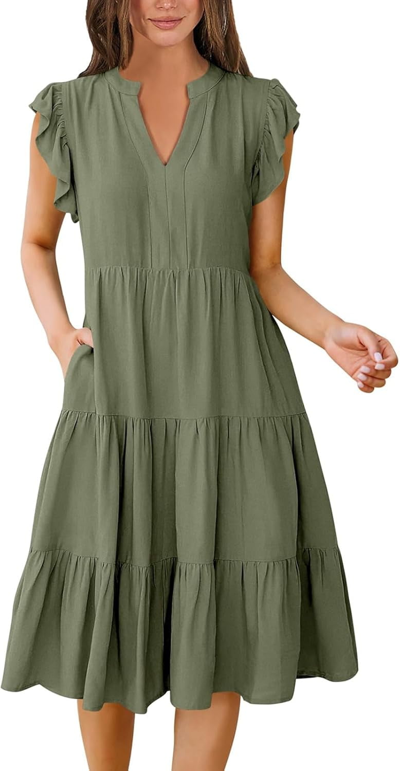 Summer Dresses for Women 2025 Ruffle Sleeve V-Neck Layered A-Line Midi ...