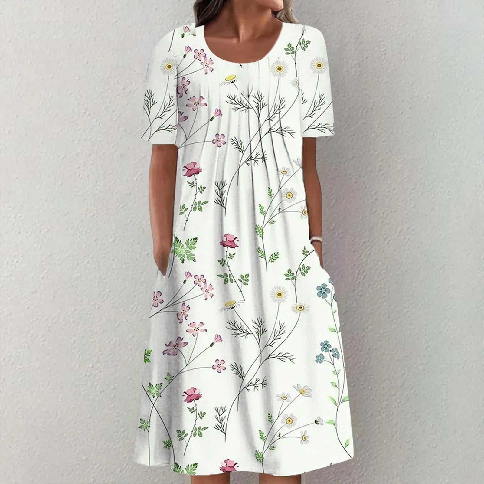 Summer Dresses for Women 2025 Short Sleeve Floral Print Chest Pleated ...