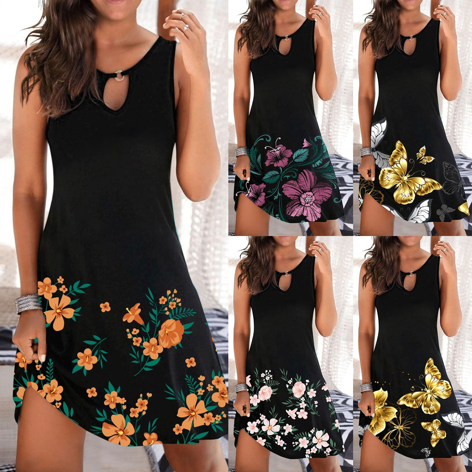 Summer Dresses for Women 2025 Sleeveless Floral Print V Neck Slim Fit A ...