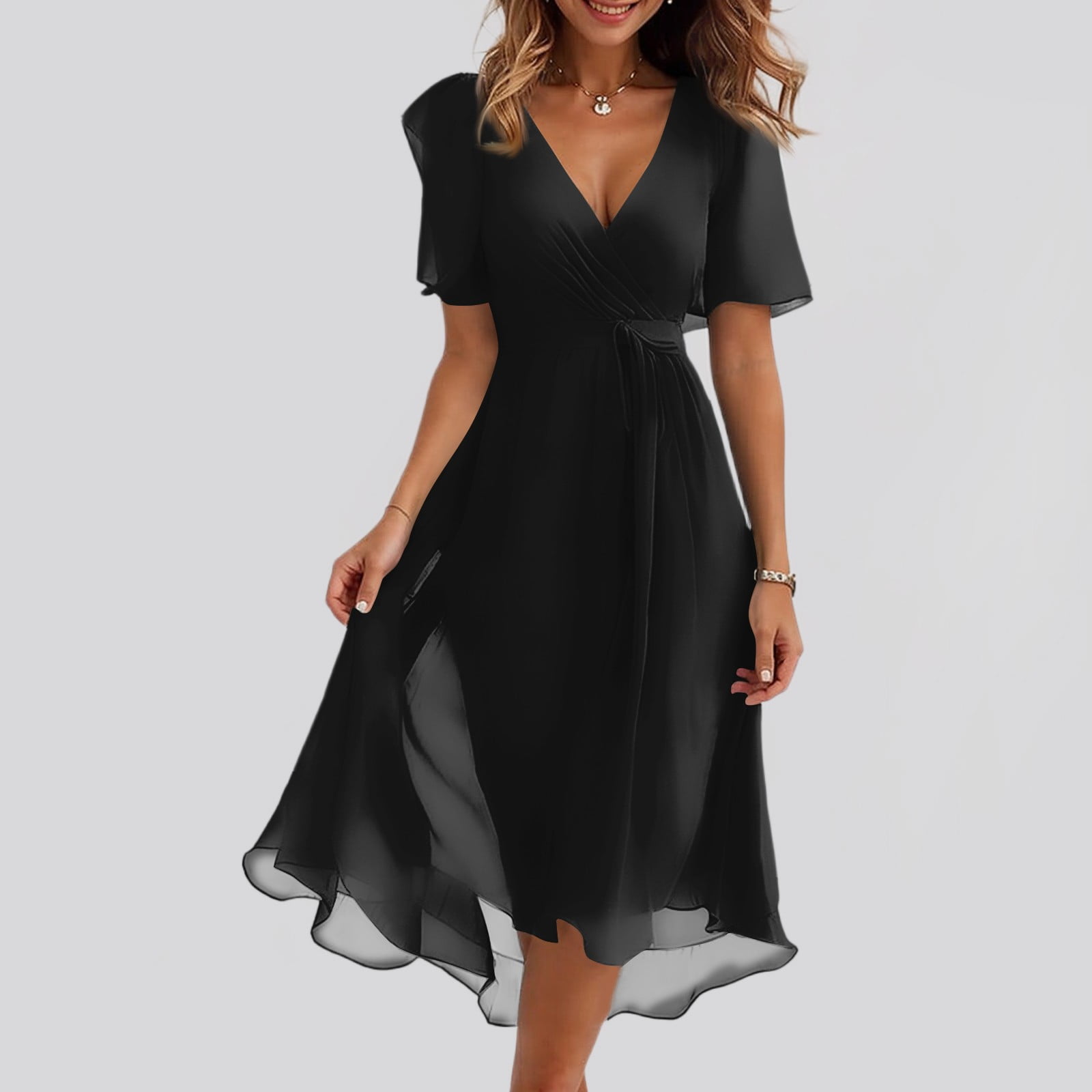 Summer Dresses for Women 2025 V Neck Chiffon Short Sleeve Midi Dress ...