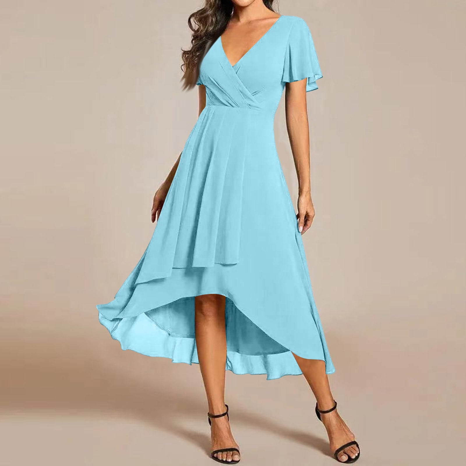 Summer Dresses for Women 2026, Chiffon V-Neck Ruffle Sleeve High Low ...