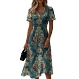 Summer Dresses for Women 2026 V-Neck Short Sleeve Floral Midi Dress ...