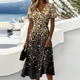 Summer Dresses for Women 2026 V-Neck Short Sleeve Floral Print Midi ...