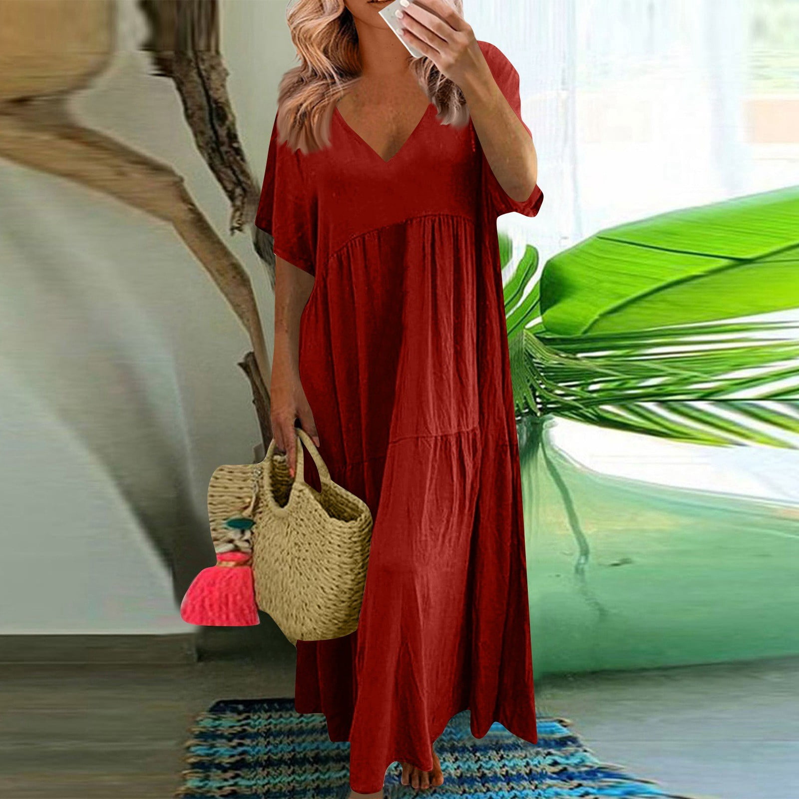 Summer Dresses for Women 2026, V-Neck Short Sleeve Tiered Cotton Linen ...