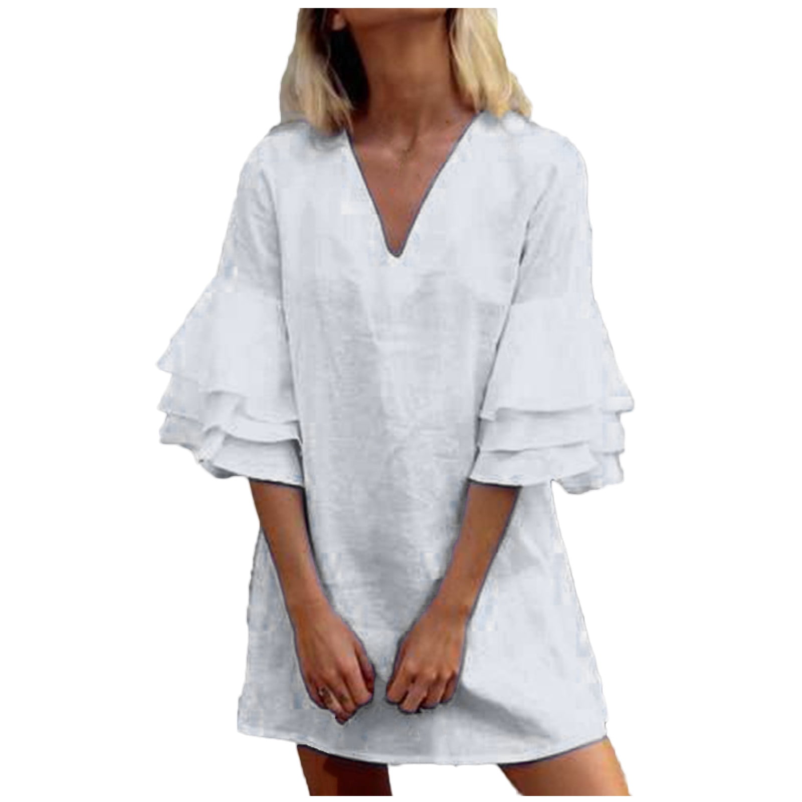 Summer Dresses for Women Casual Bell Sleeve V Neck Shift Dress Short ...