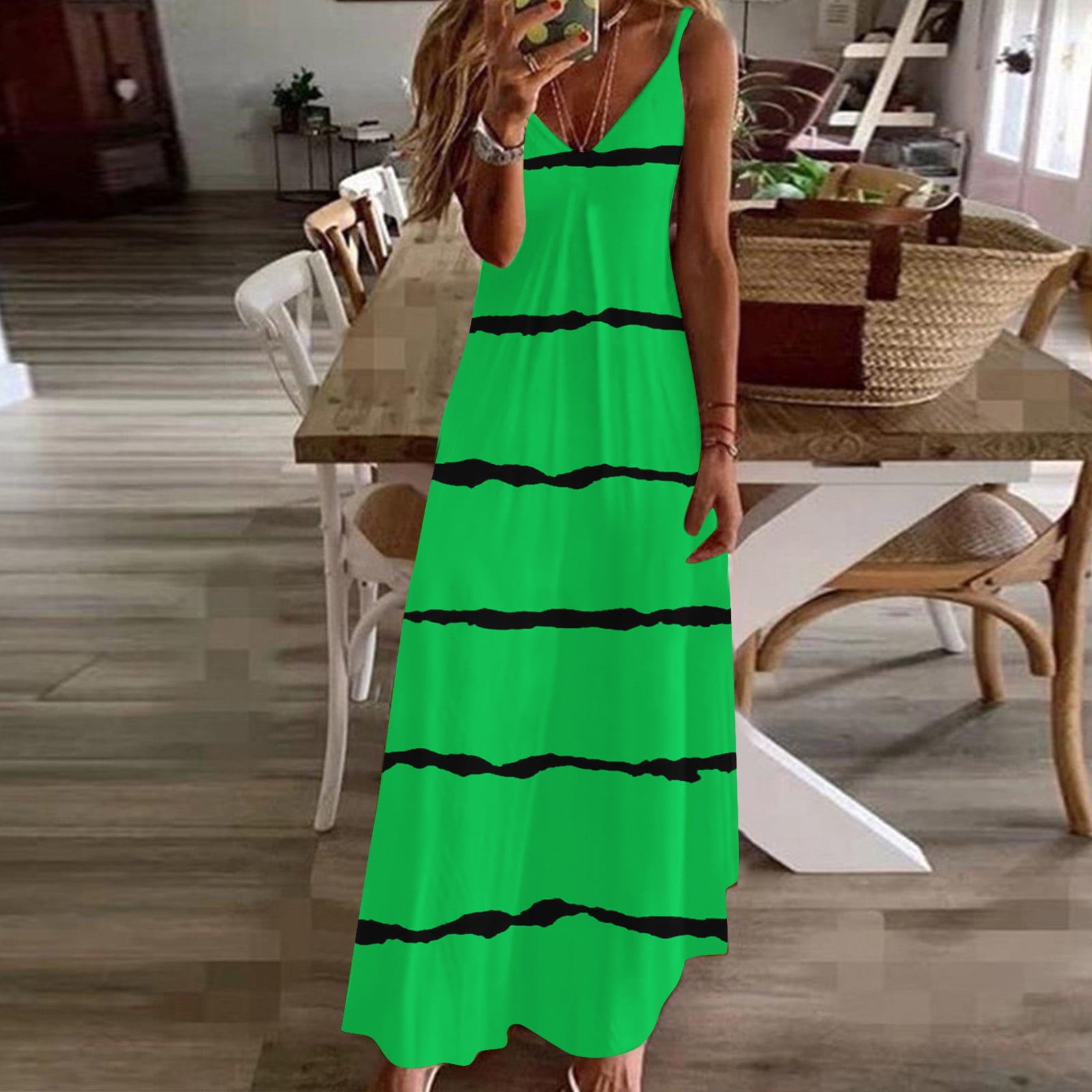 Summer Dresses for Women Casual Print V-Neck Camis Sleeveless Vest Long ...