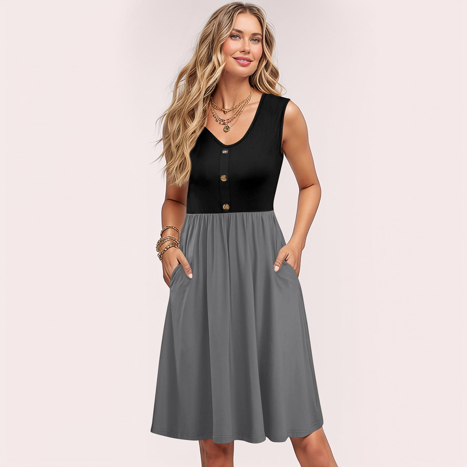 Summer Dresses for Women Casual V Neck Sleeveless Sundresses Button ...