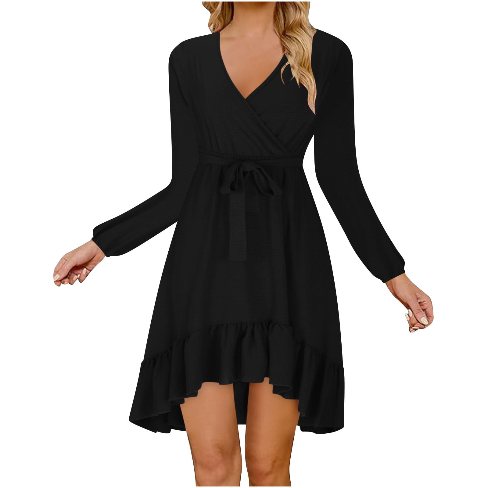 Summer Dresses for Women Elegant V Neck Long leeve Ruffle A Line Dress ...