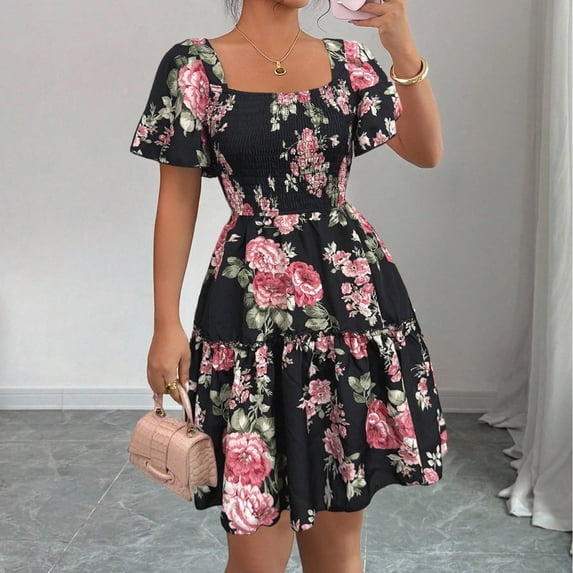 Summer Dresses for Women, Floral Smocked Tiered Short Dress, Square ...
