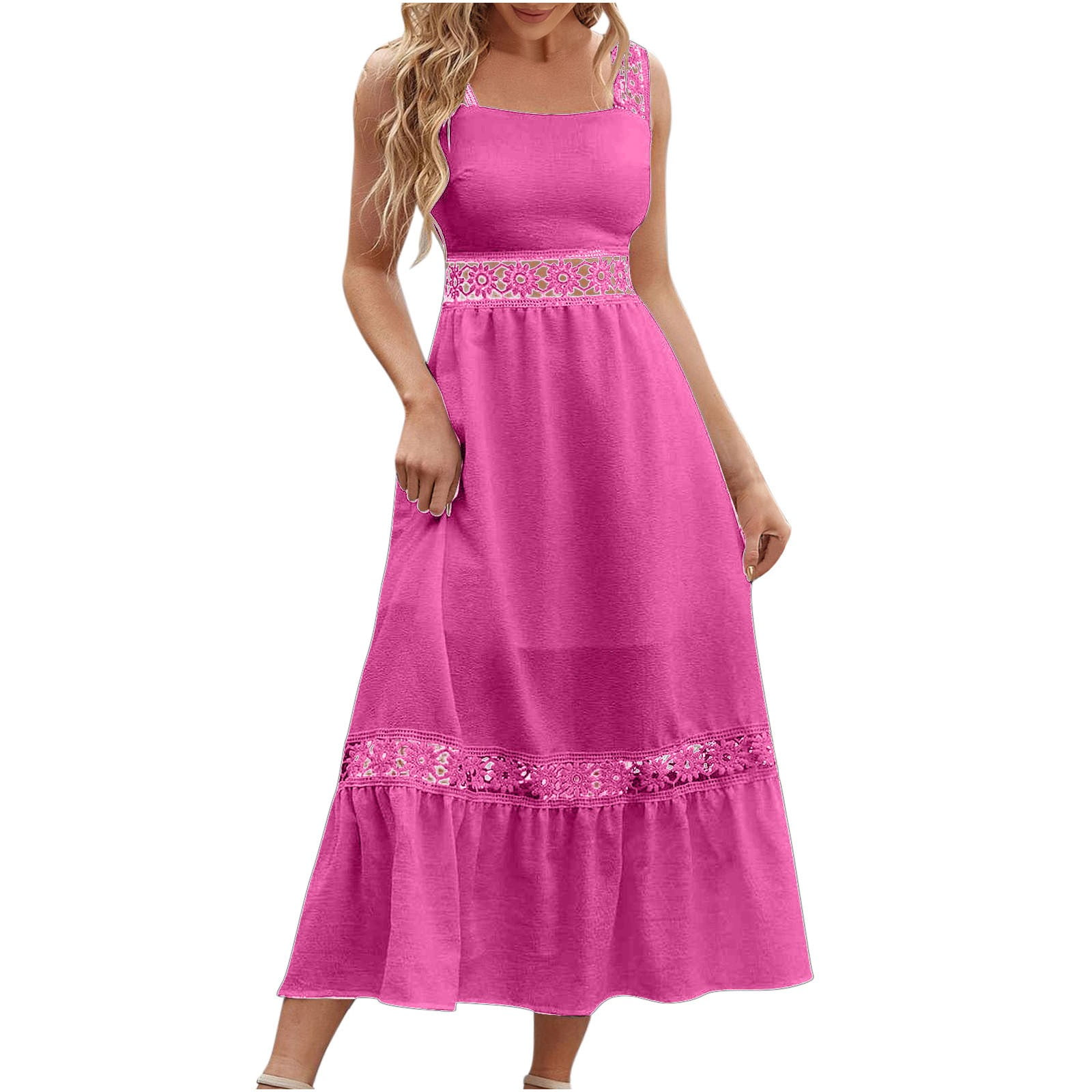 Summer Dresses for Women Lace Hollow out Ruffle Boho Dress Sleeveless A ...