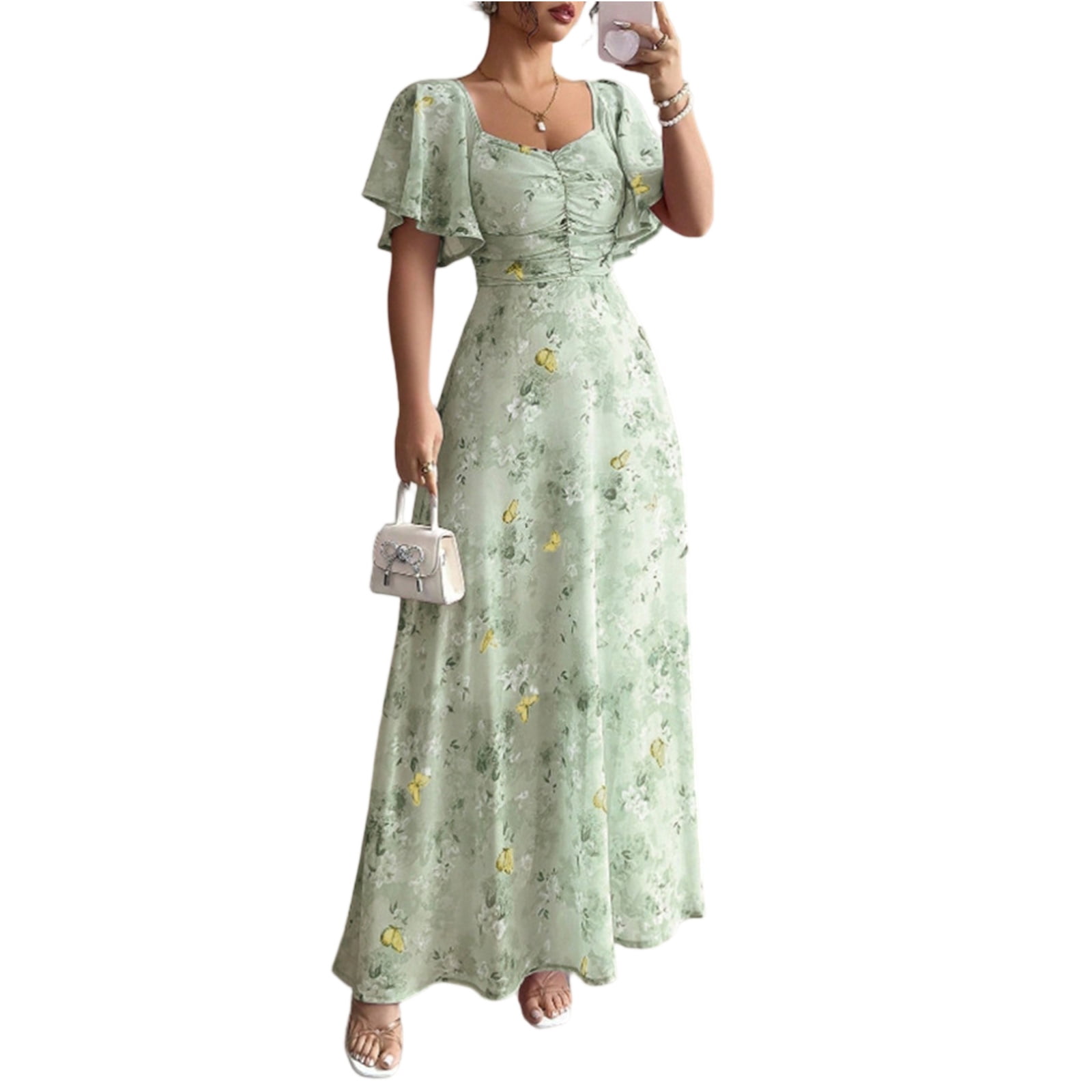 Summer Dresses for Women, Lightweight Floral Chiffon Maxi Dress, Square ...