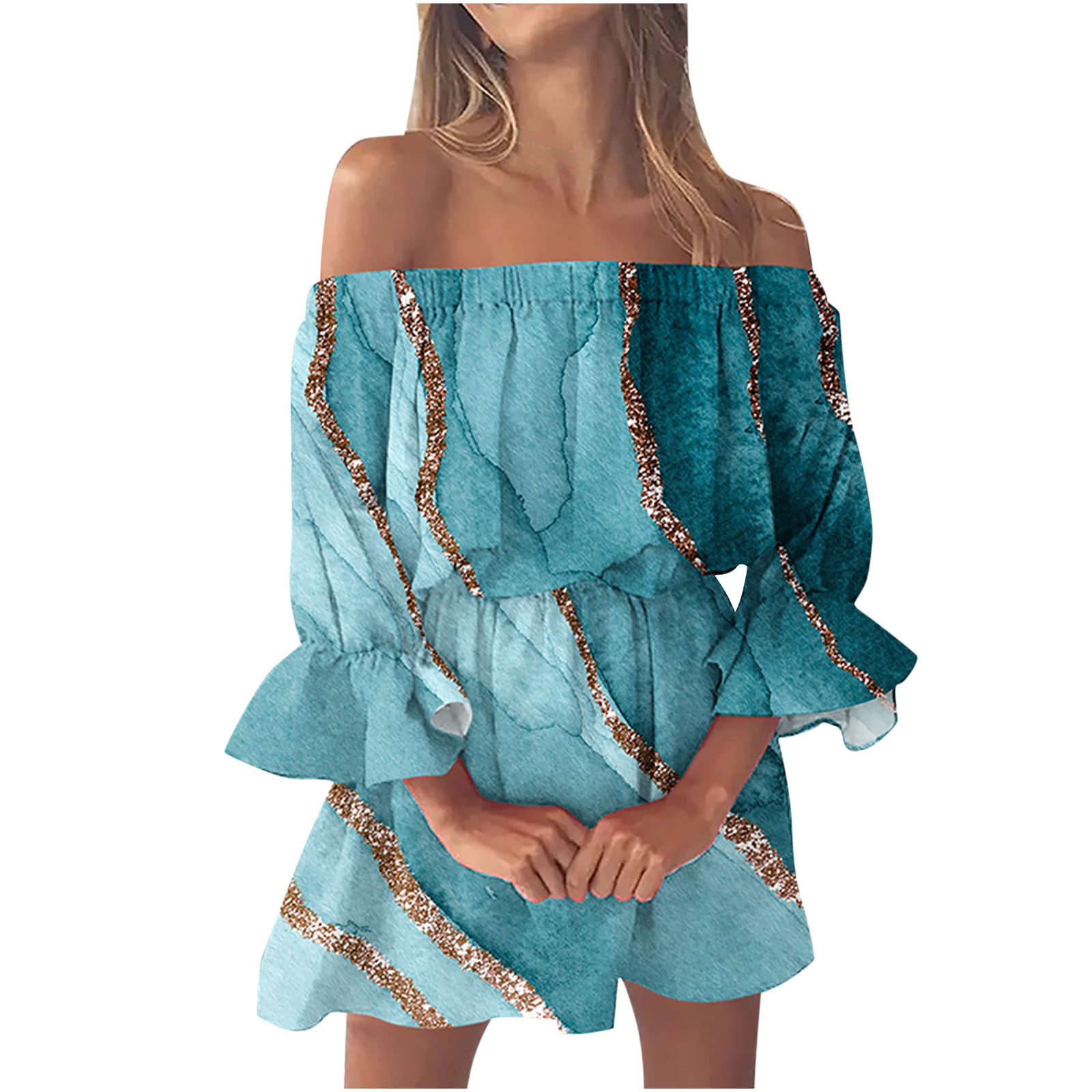 Summer Dresses for Women Off Shoulder Bell Sleeve Floral Printed Flowy ...