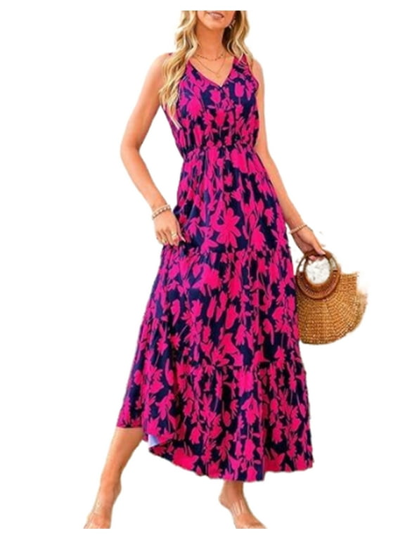 Capreze Women Dresses Solid Color Maxi Dress Plus Size Long Sleeve Crew ...