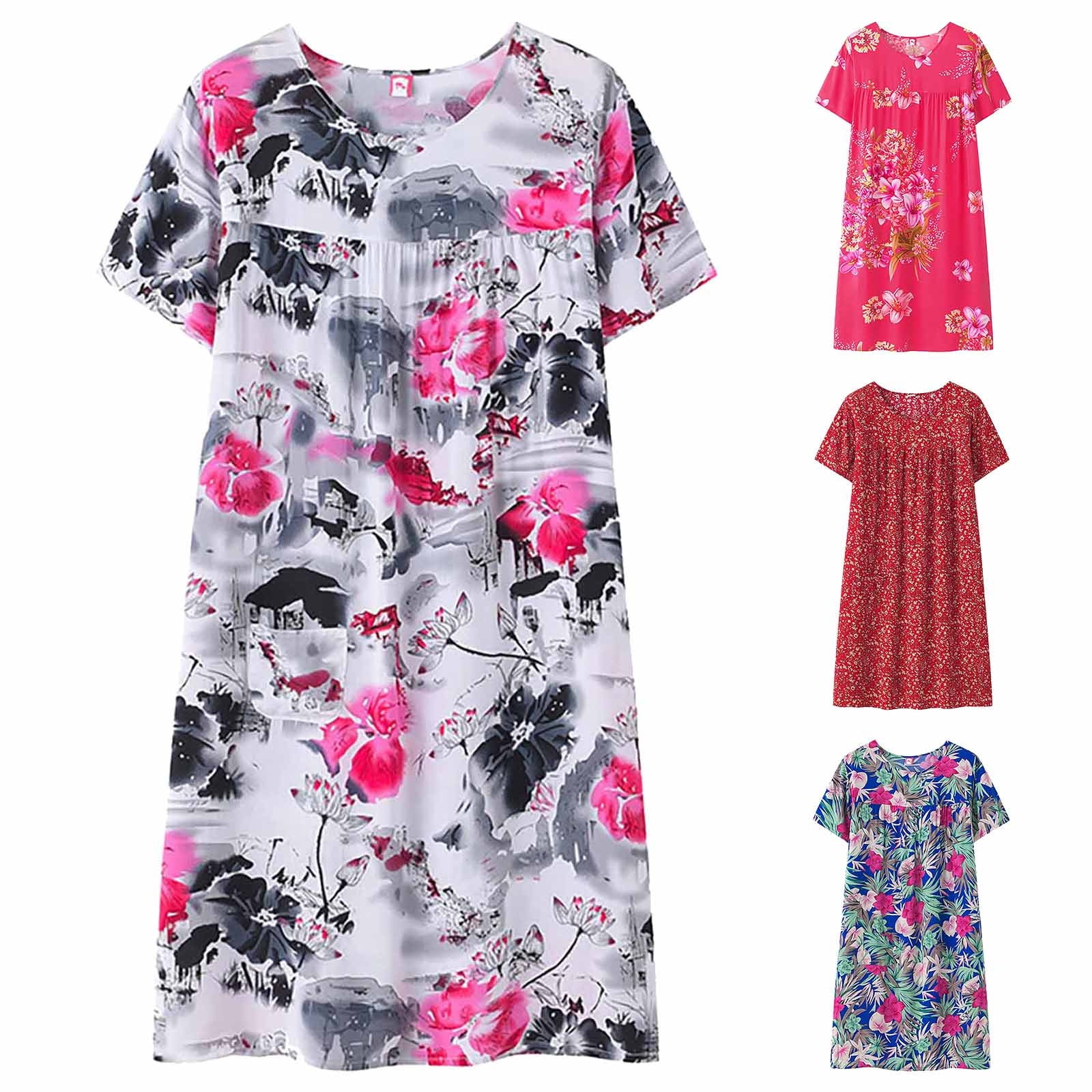 Summer Dressy Cotton Silk Floral Nightgowns - Short Sleeve Loose Fit ...