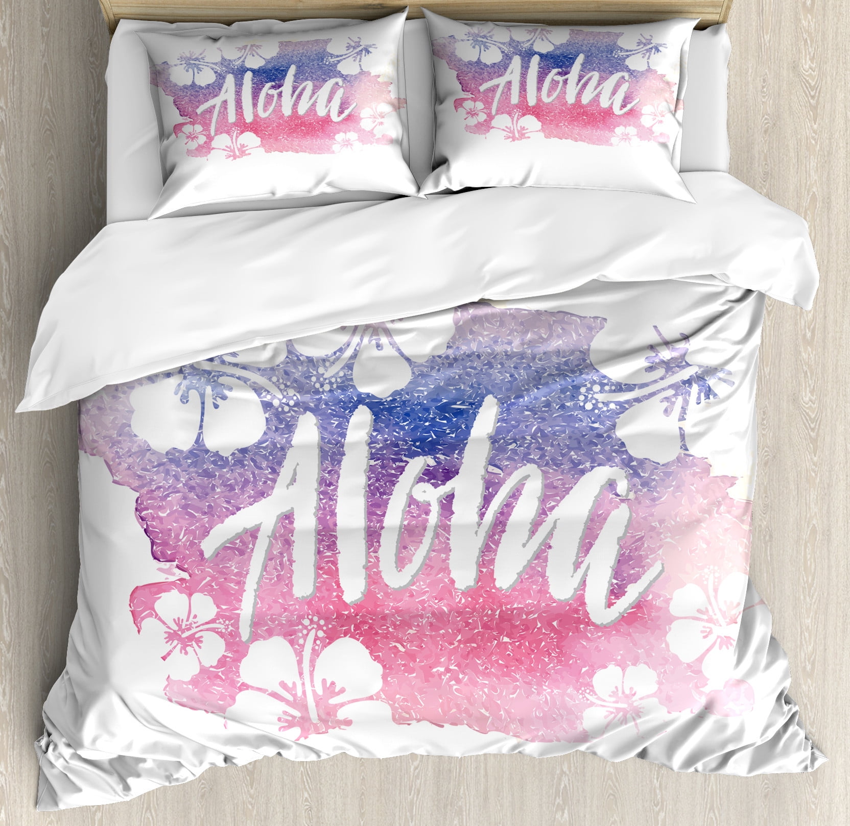 Summer Duvet Cover Set, Aloha Calligraphy in Grunge Textured Hibiscus ...