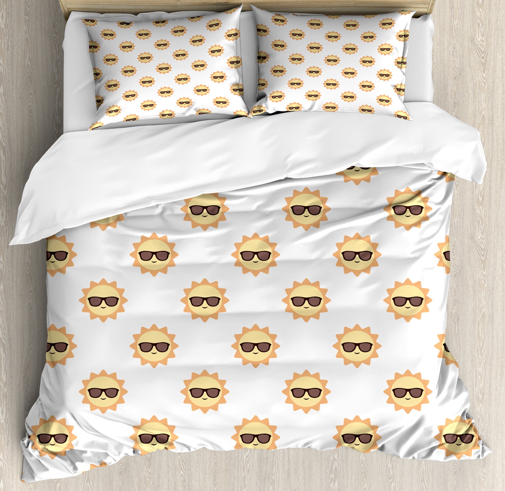 Summer Duvet Cover Set, Cartoon Style Smiling Suns Wear Sunglasses in ...
