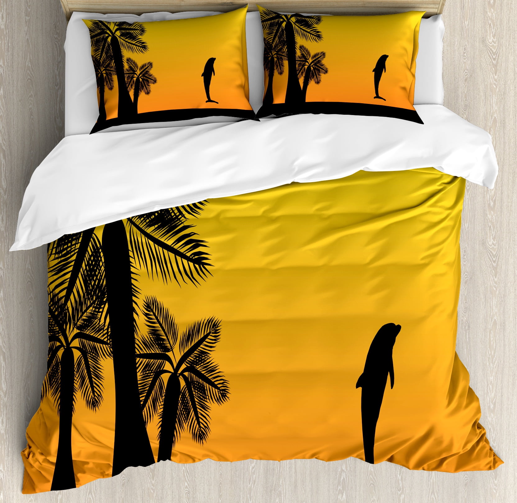 Summer Duvet Cover Set, Ombre Sunset with Dolphin and Palm Trees Exotic ...