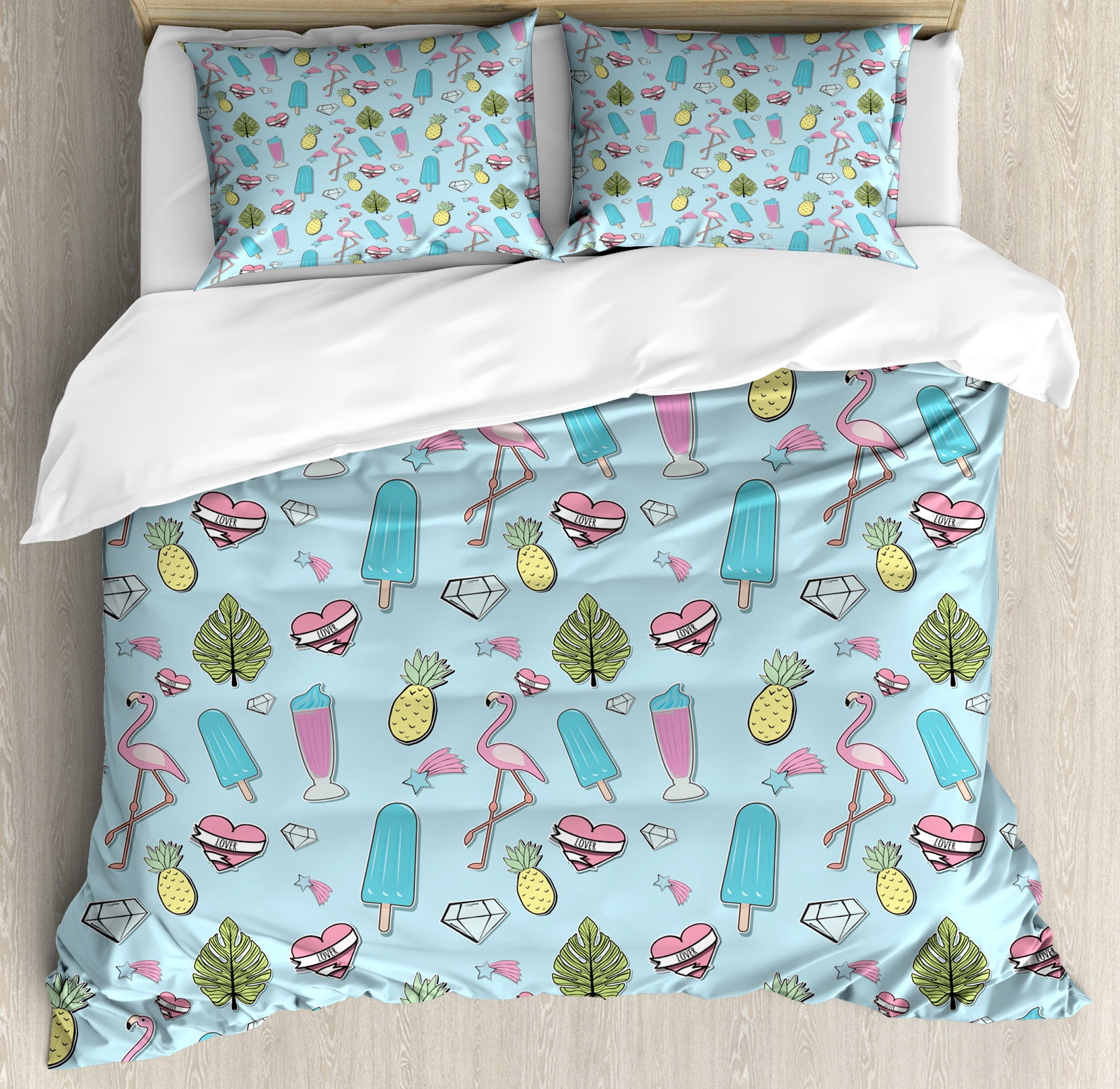 Summer Duvet Cover Set, Repeating Fun Items of Popsicle Flamingo Pineapple Diamond Heart Star ...