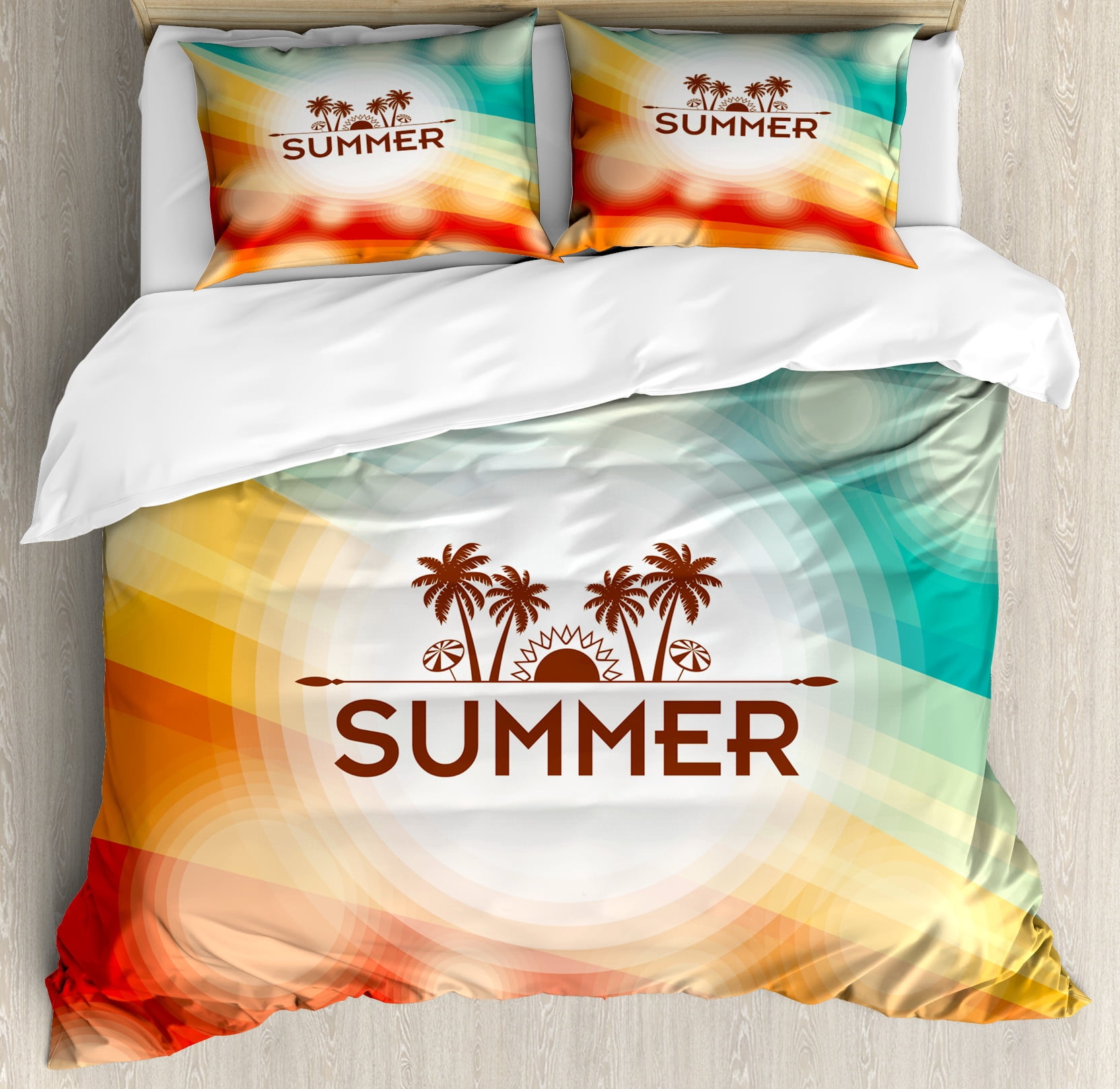 Summer Duvet Cover Set, Tropical Holiday Background with Palm Tree and ...