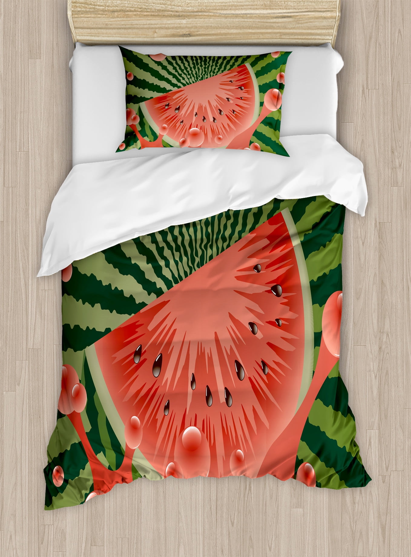 Summer Duvet Cover Set, Watermelon Cartoon Ornament with Nature Stripes ...