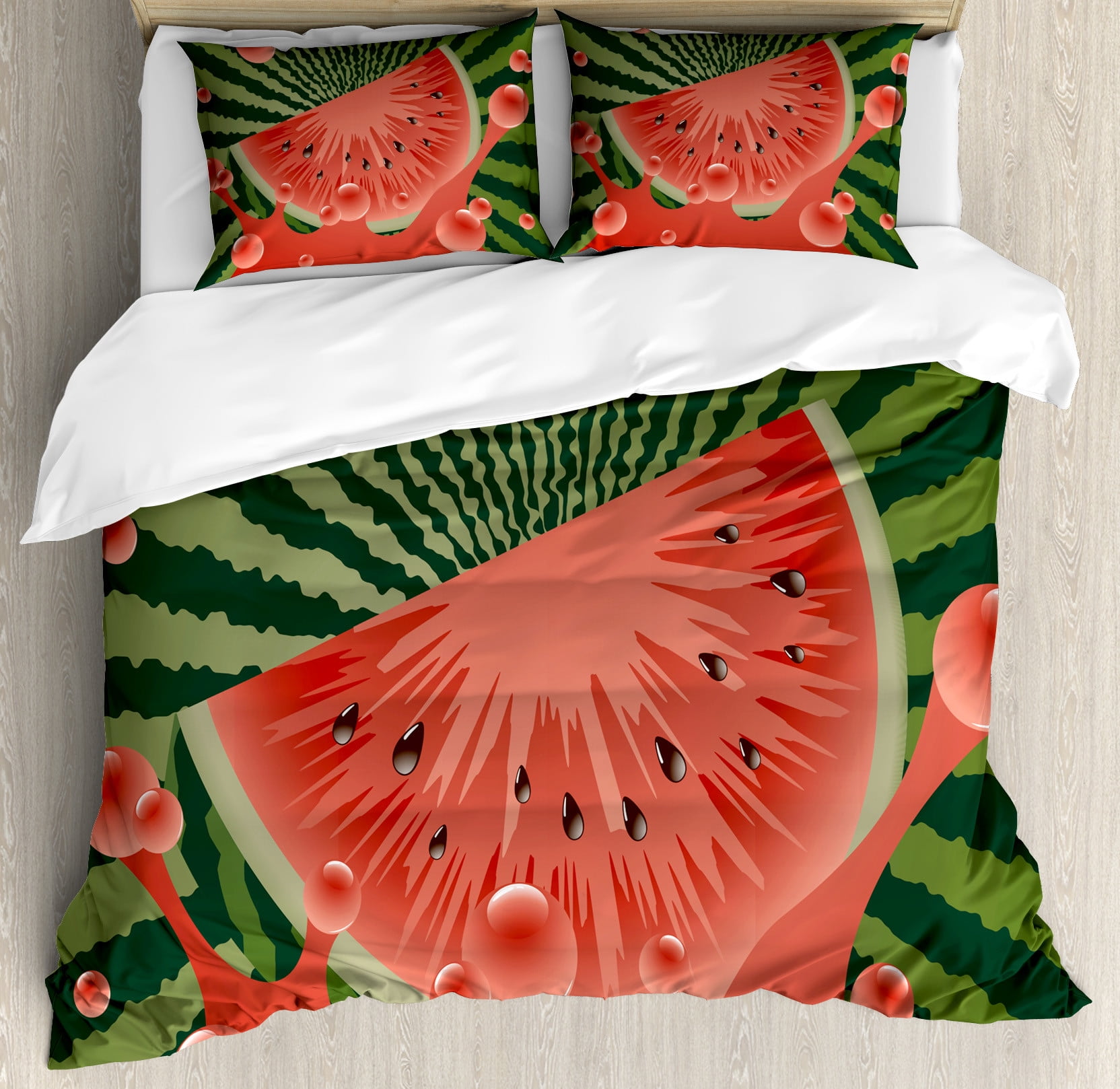 Summer Duvet Cover Set, Watermelon Cartoon Ornament with Nature Stripes ...