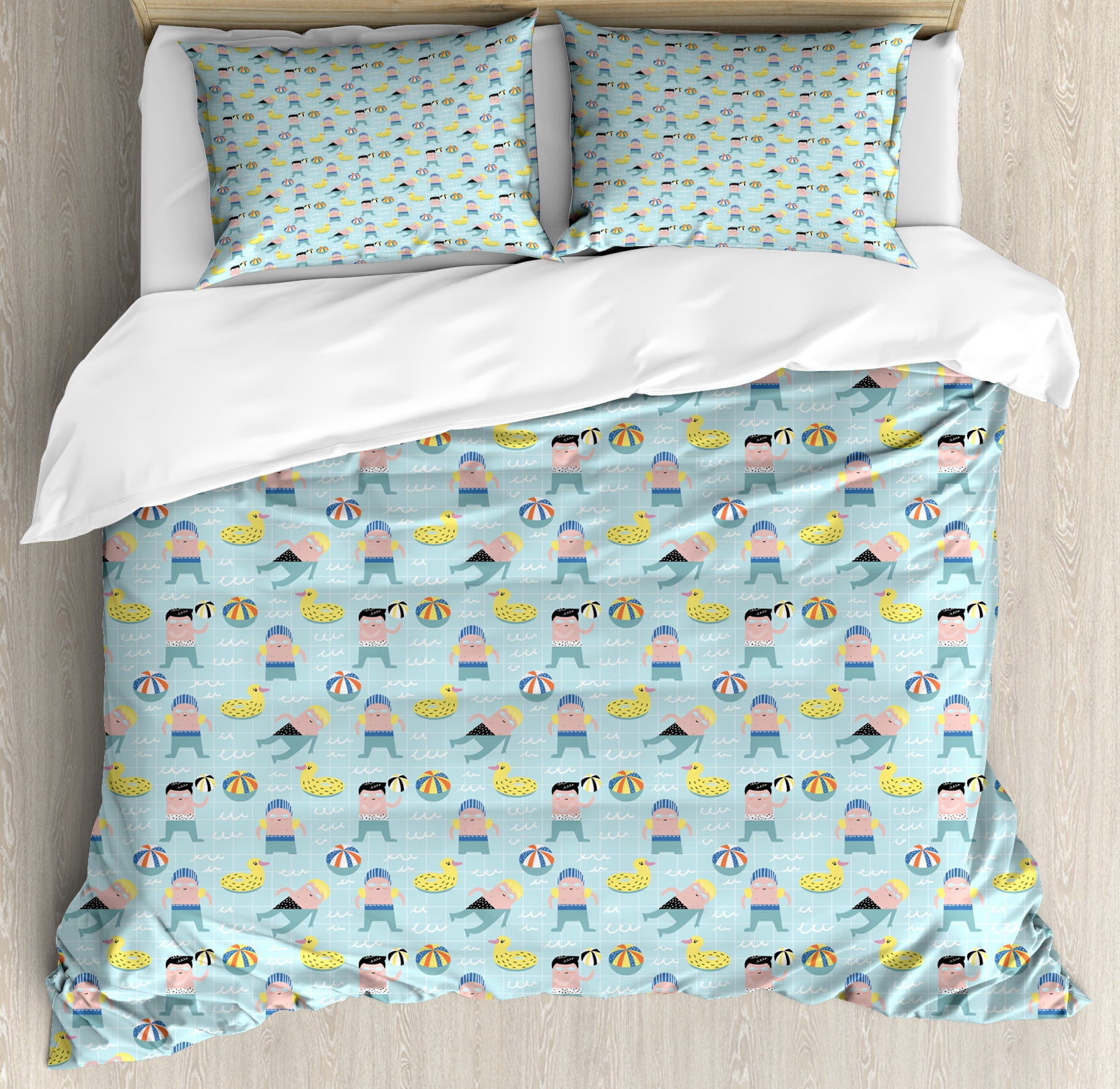 Summer Duvet Cover Set, Young Boys Swimming in the Pool with Balls and Duck Floats Drawn by Hand ...