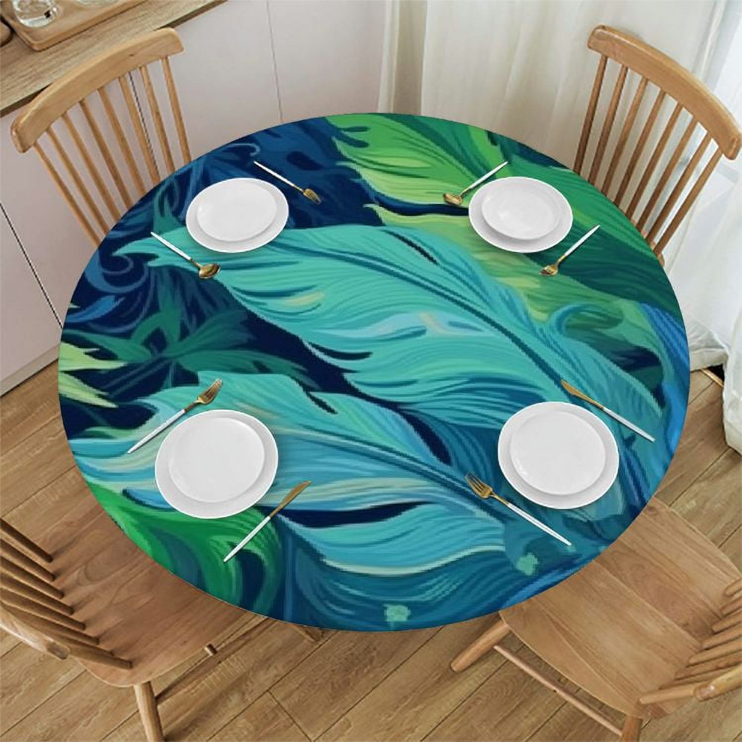 Summer Elastic Edged Table Cover Round, Tropical Leaves Fitted ...