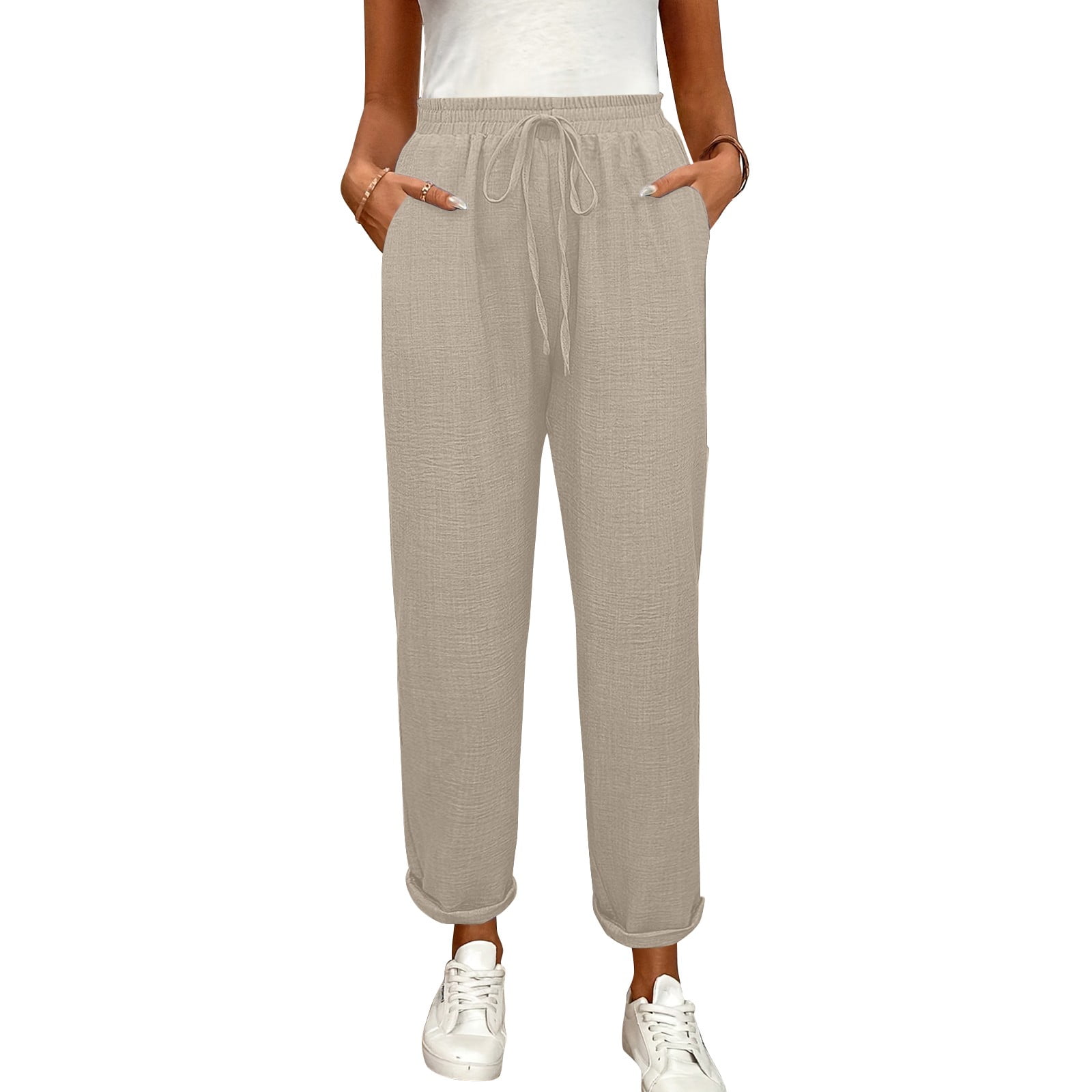 Summer Elastic Waist Linen Pants for Women Ankle Length Drawstring High ...