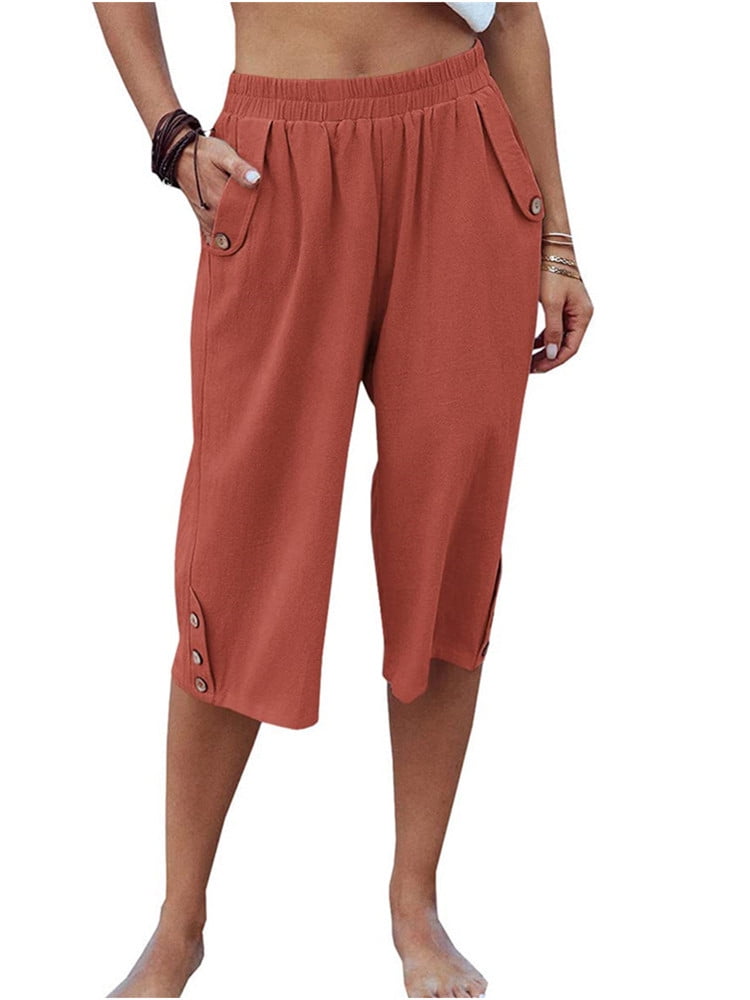 Summer Elastic Waist Women Solid Color Casual Capris Female Knee-Length ...