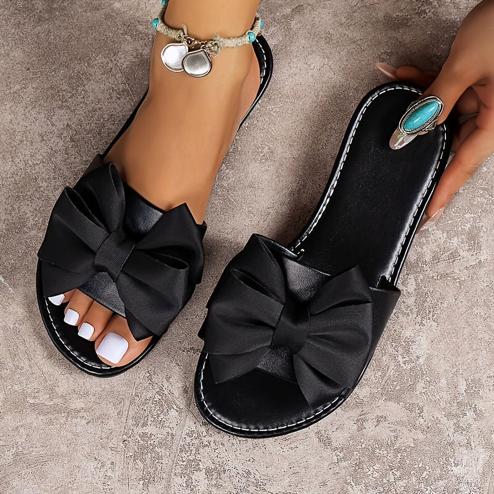 Summer Elegance in Comfort: Women's Bowknot Flat Slide Sandals, Strappy ...