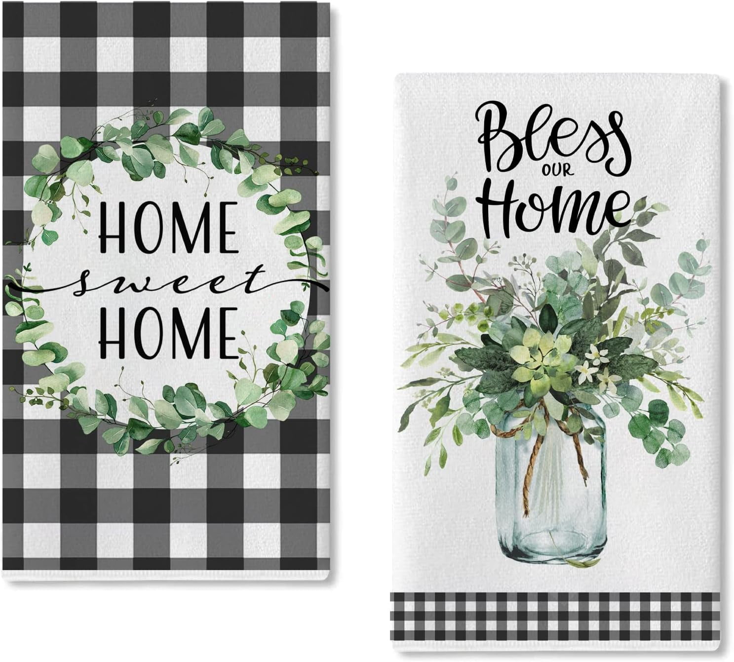 Summer Eucalyptus Greenery Kitchen Dish Towel Set of 2, Buffalo Plaid ...