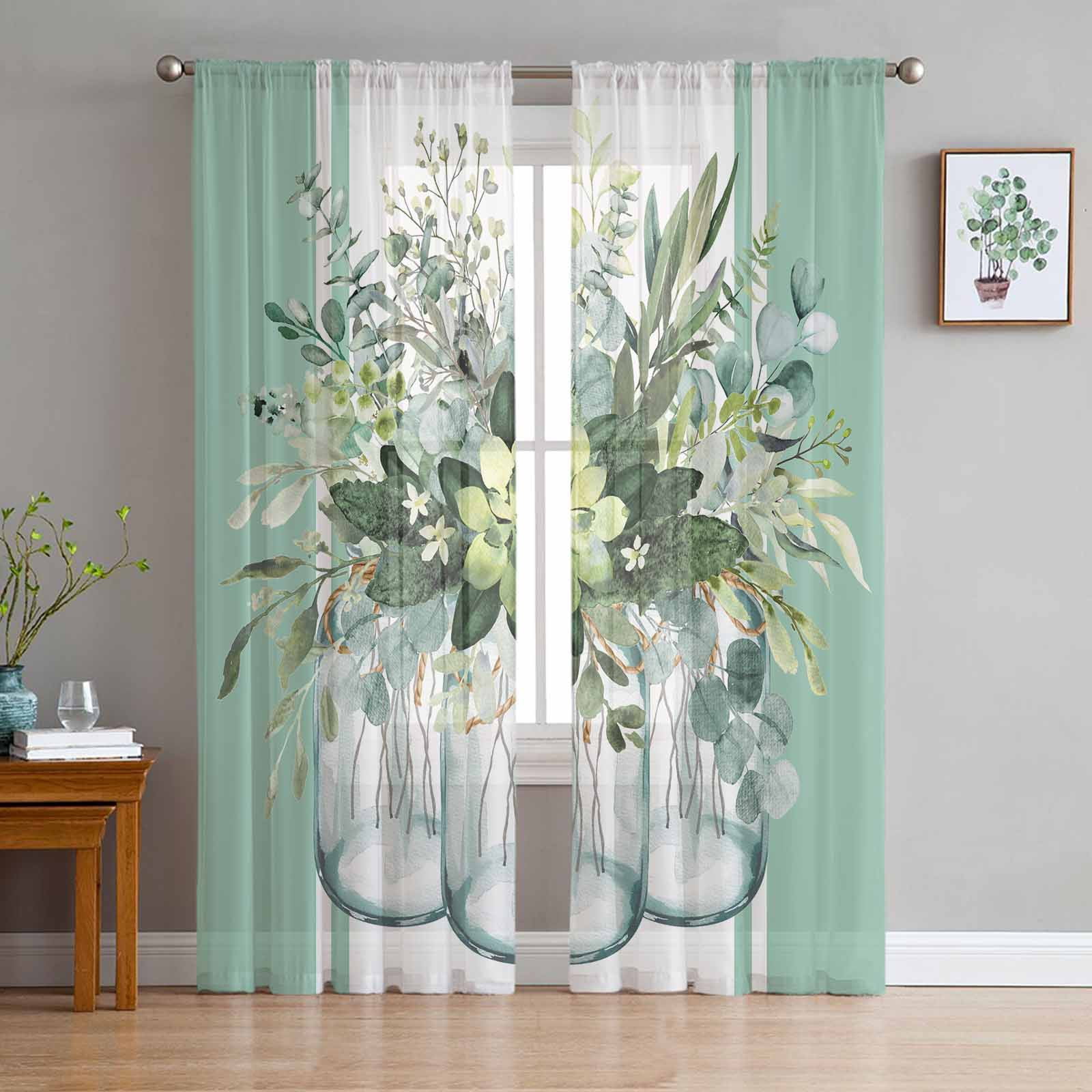 Summer Eucalyptus Leaf Stripes Tulle Curtains for Living Room Sheer ...