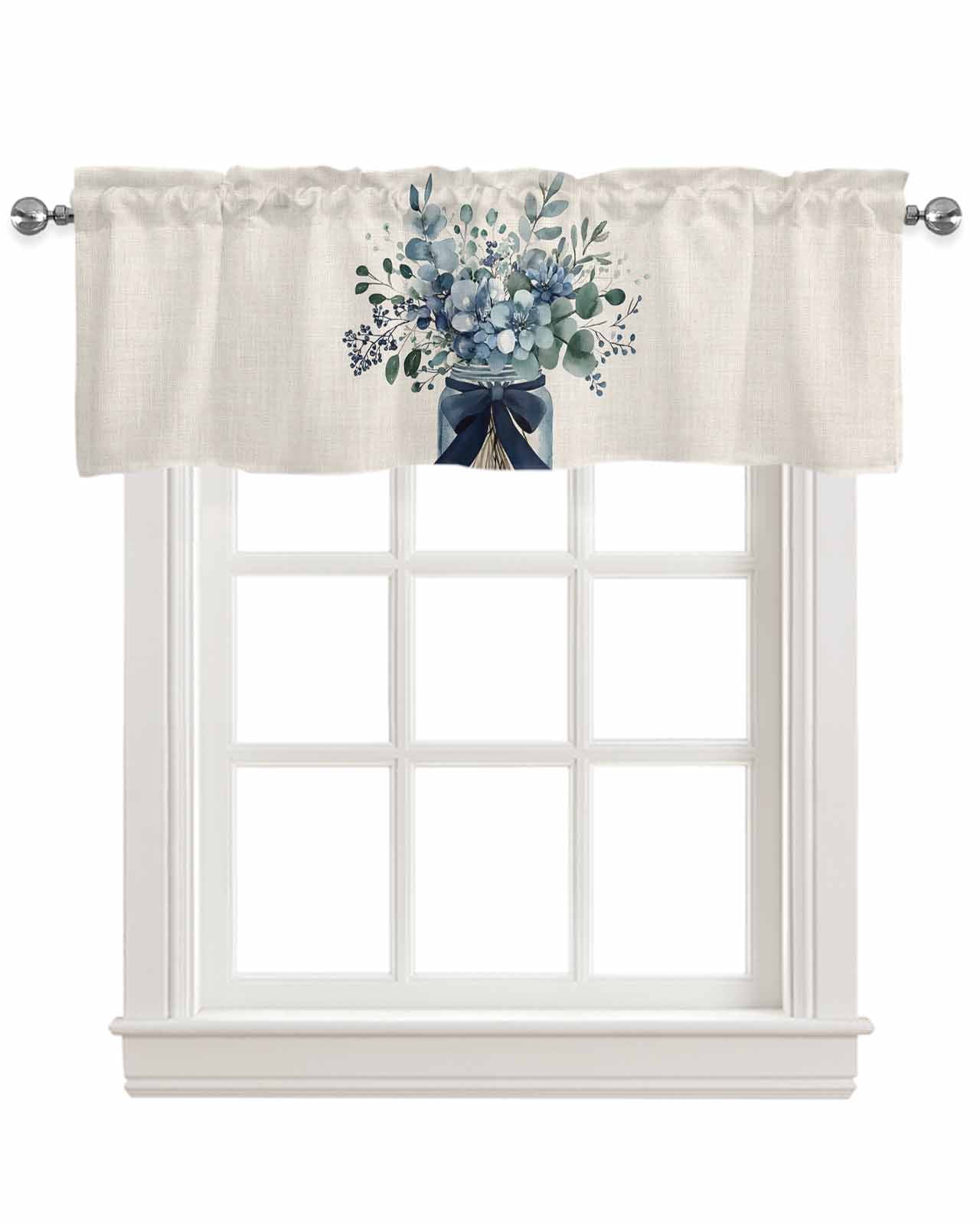 Summer Eucalyptus Leaves Kitchen Valances for Windows Farmhouse Linen Window Valance Curtain for ...