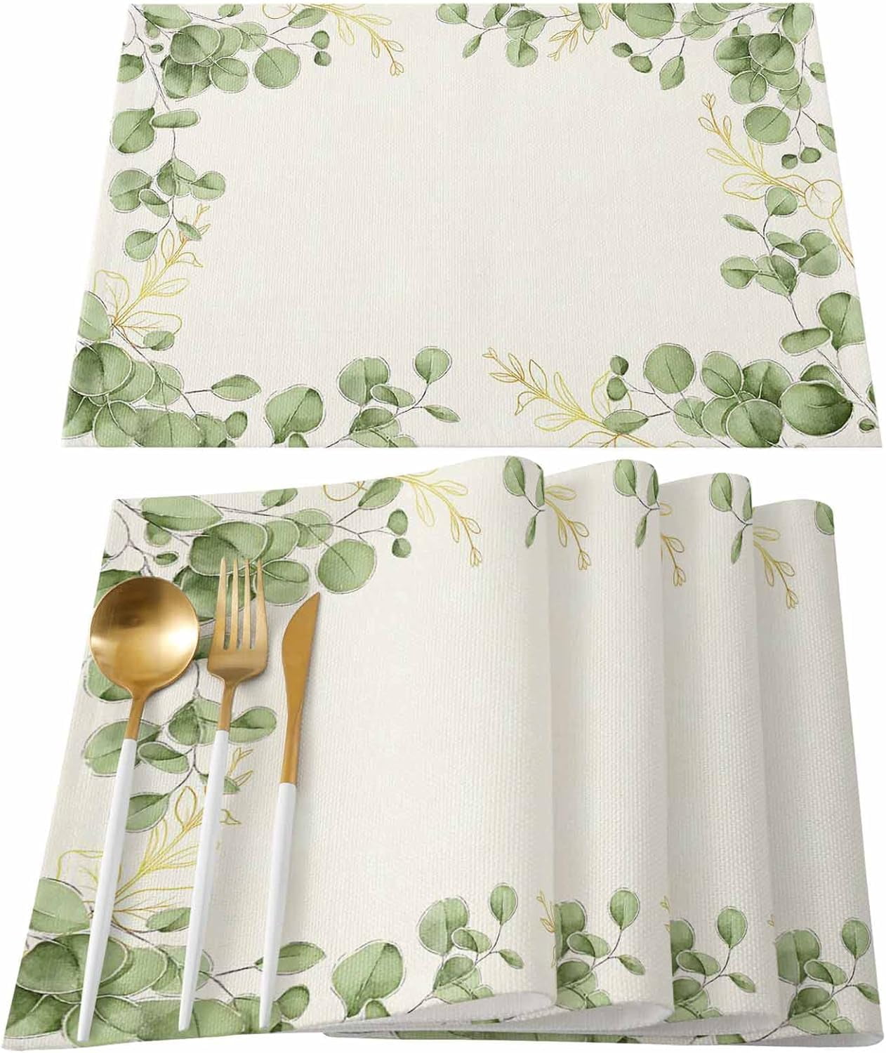 Summer Eucalyptus Leaves Placemats Set of 6 Non Slip Washable Table Mats Set, Green Watercolor ...