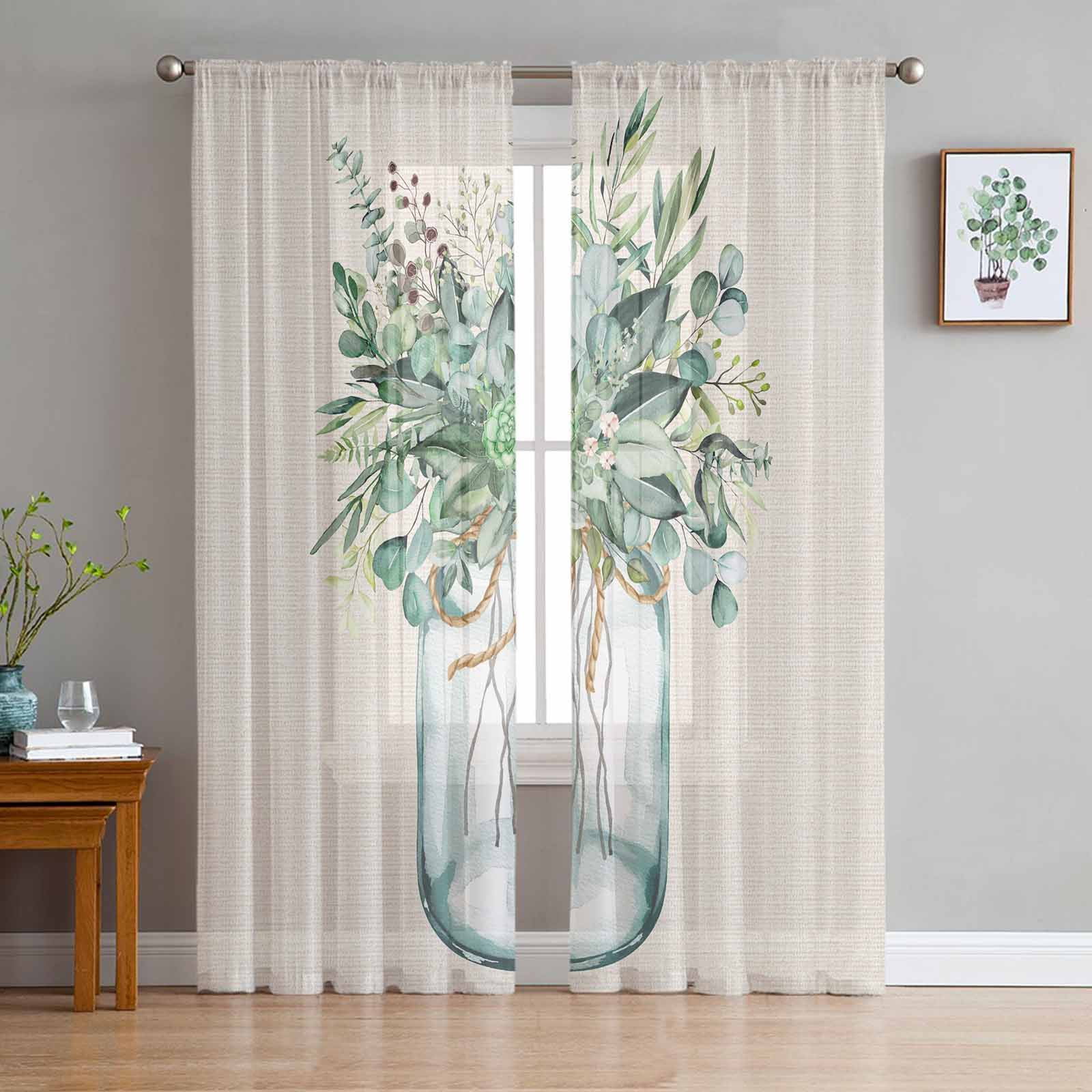Summer Eucalyptus Leaves Triangle Tulle Sheer Window Curtains For ...