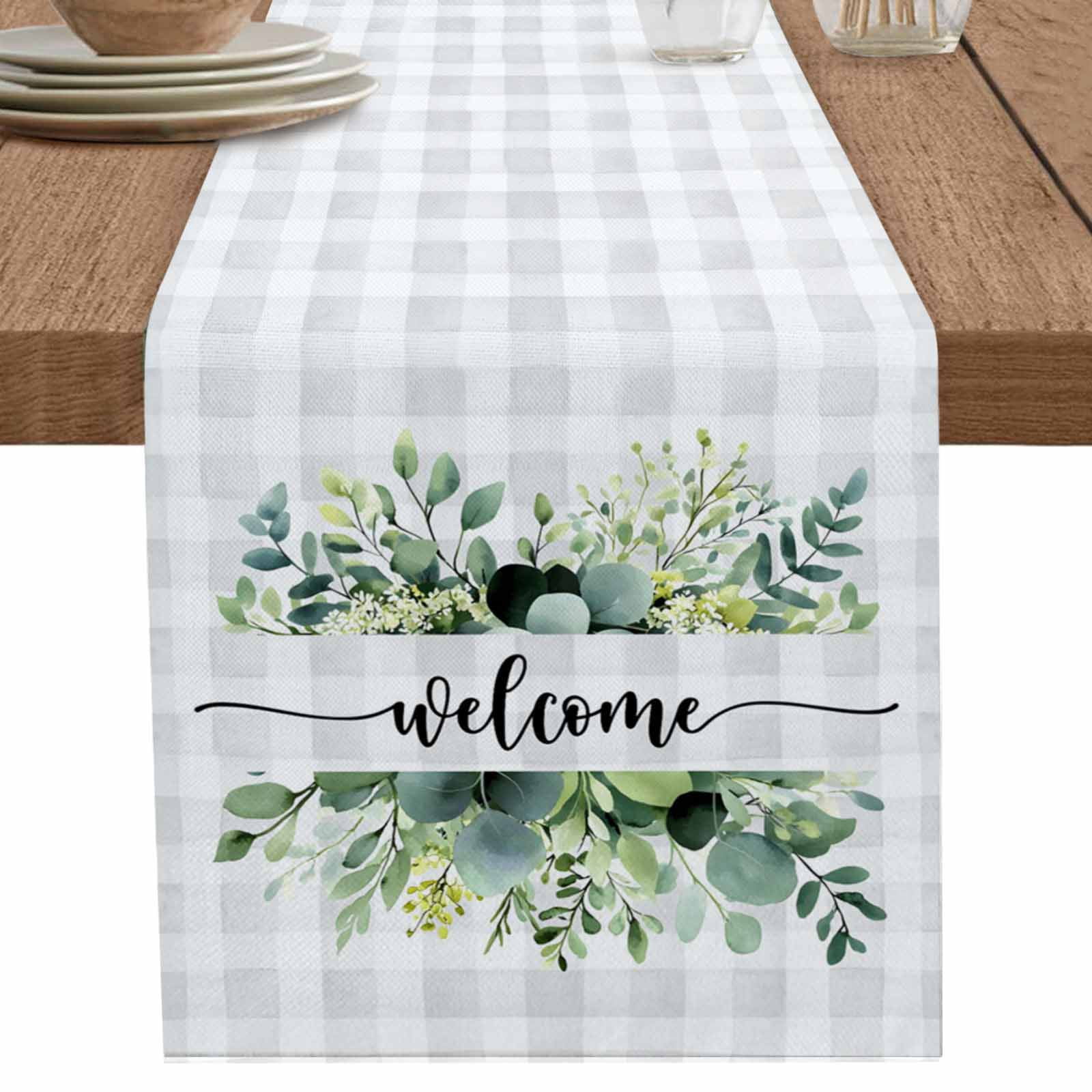 Summer Eucalyptus Leaves Welcome Quote Table Runner-70 Inch Long Grey ...