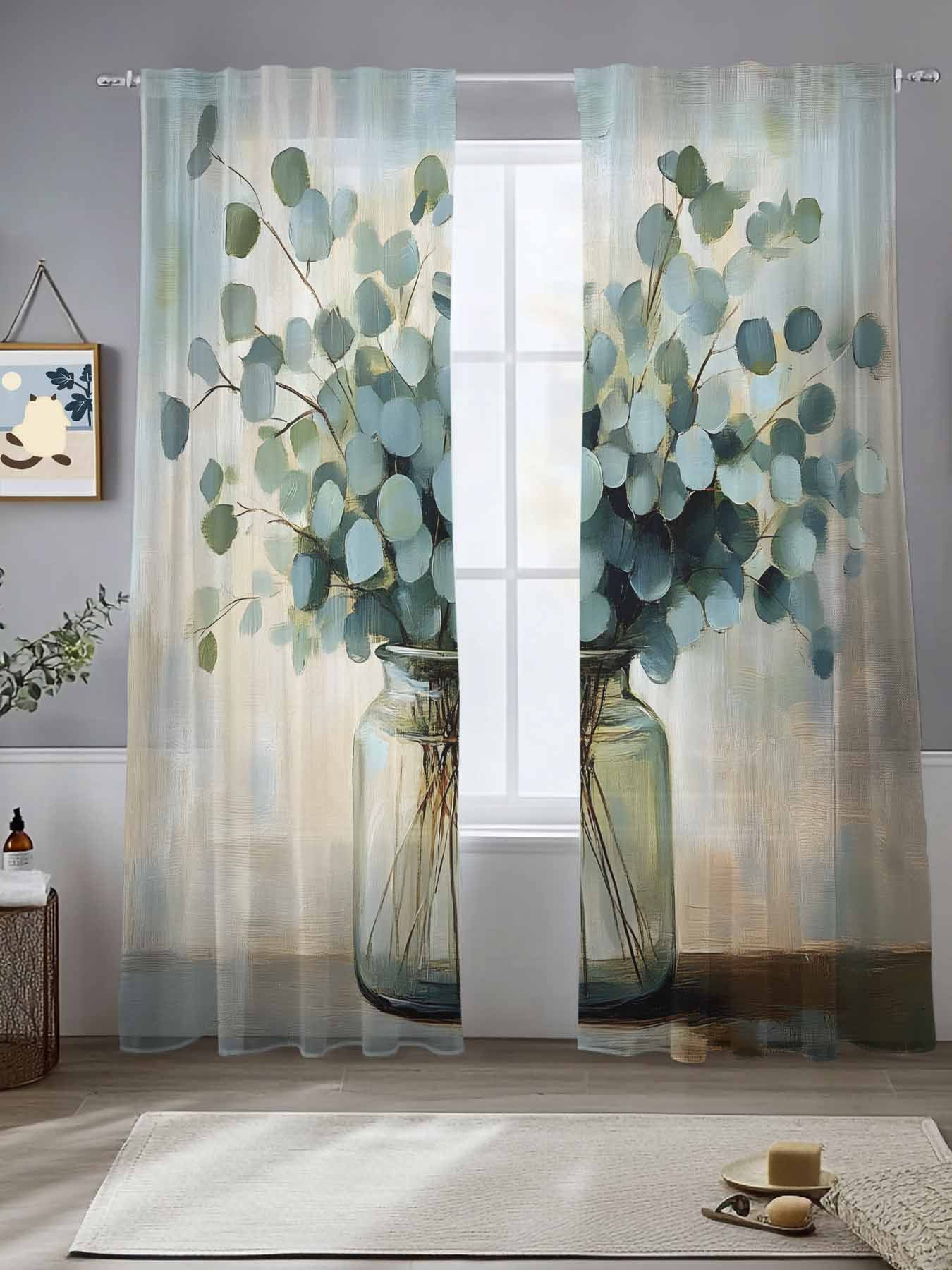 Summer Eucalyptus Sheer Curtains for Living Room Bedroom Botanical ...