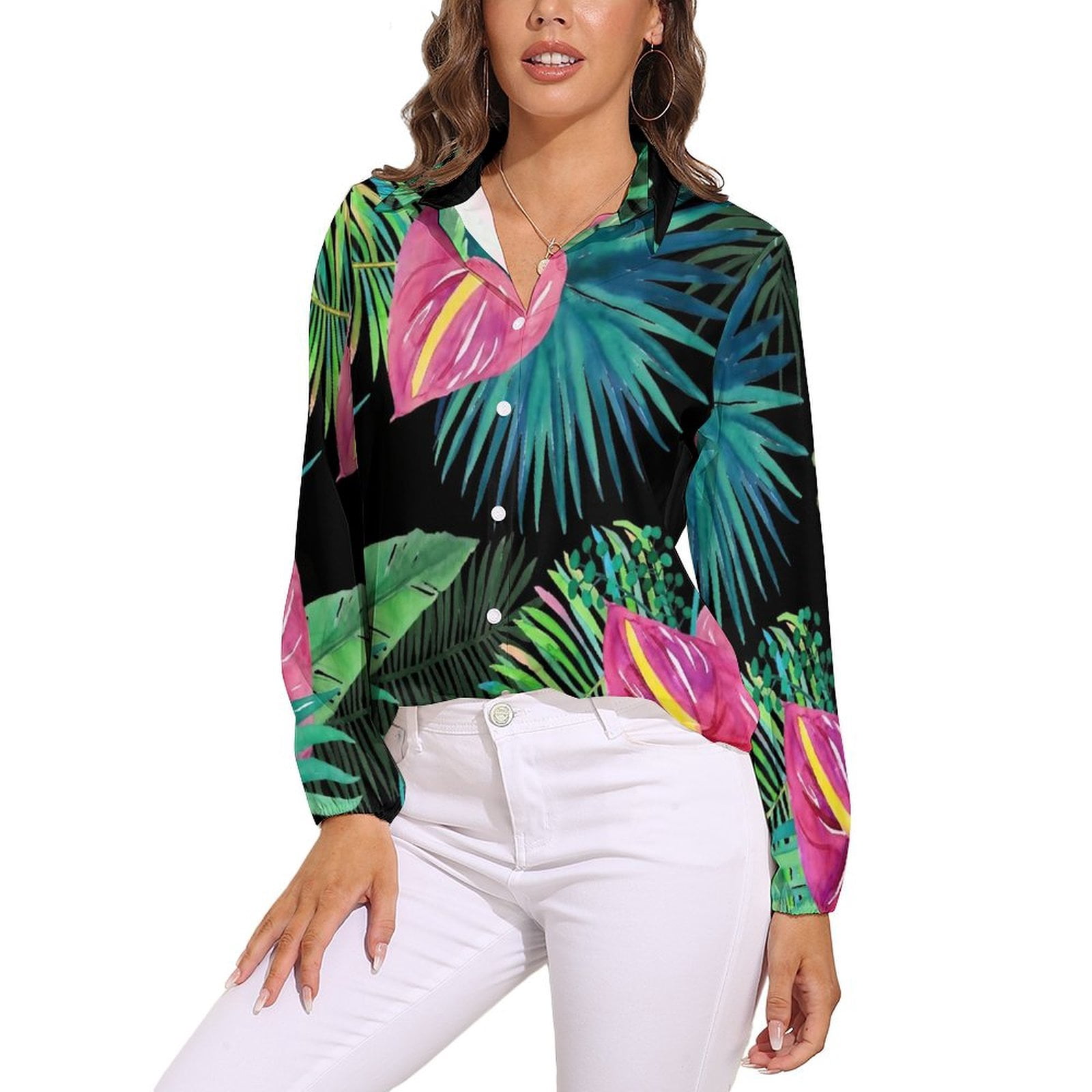 Summer Exotic Floral Tropical Palm Leaves Long Sleeve Blouse Woman ...