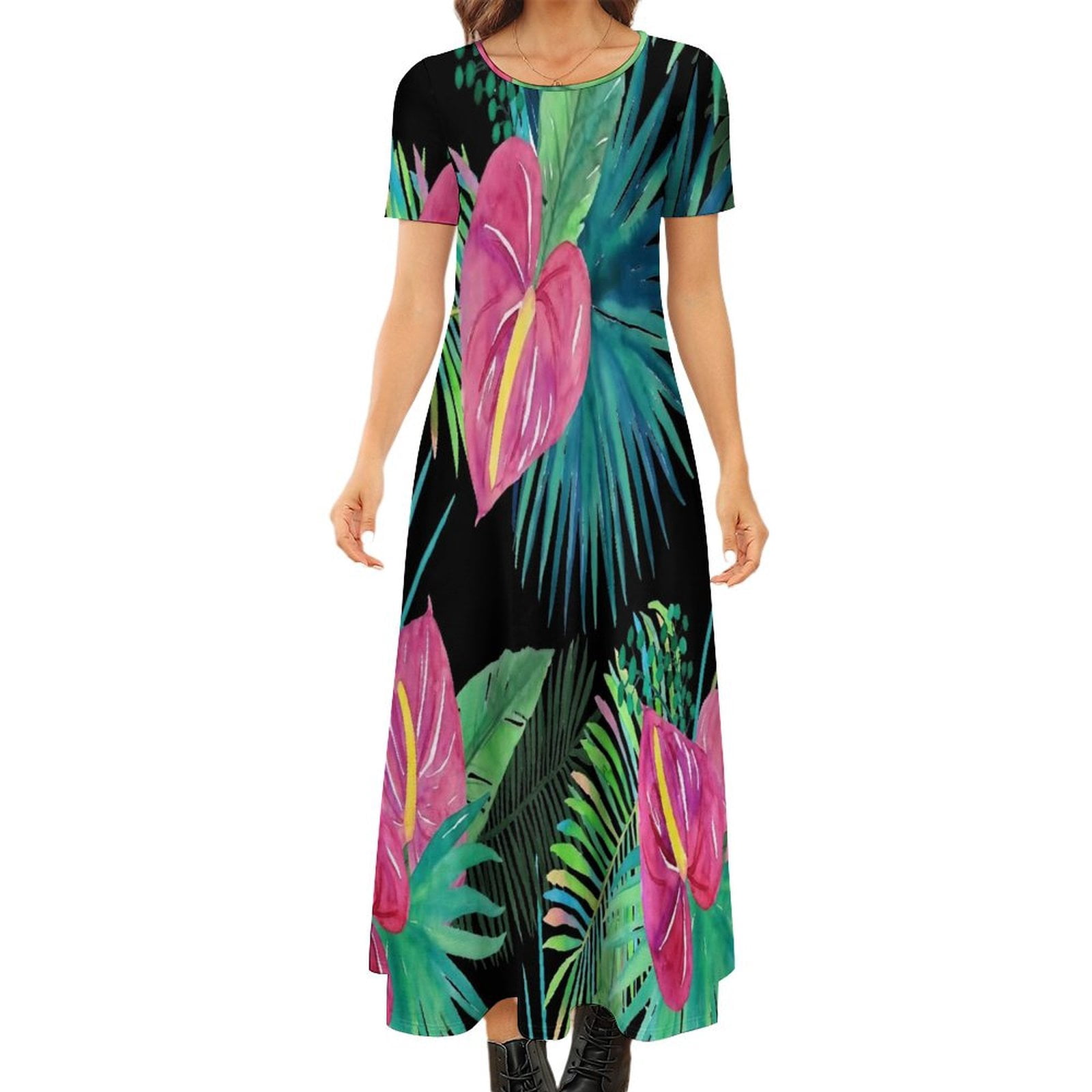 Summer Exotic Floral Tropical Palm Leaves Maxi Dress for Women Crew ...