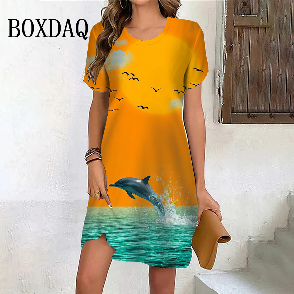 Summer Fashion Cute Dolphin Graphic Dress Women Casual Beach 3D Printed ...
