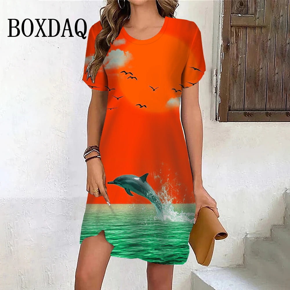 Summer Fashion Cute Dolphin Graphic Dress Women Casual Beach 3D Printed ...