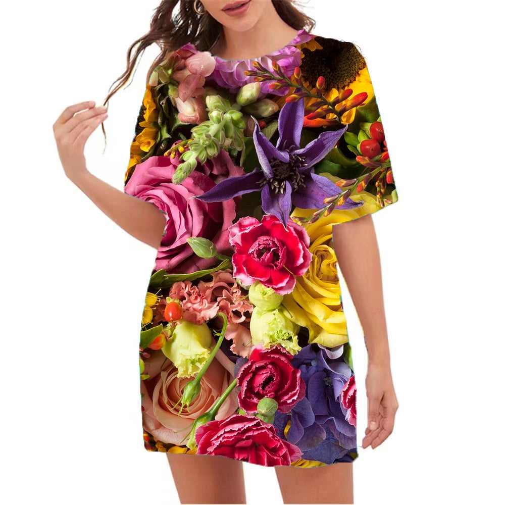 Summer Fashion Flower Power Straight Dress Women Retro Hippy Print ...