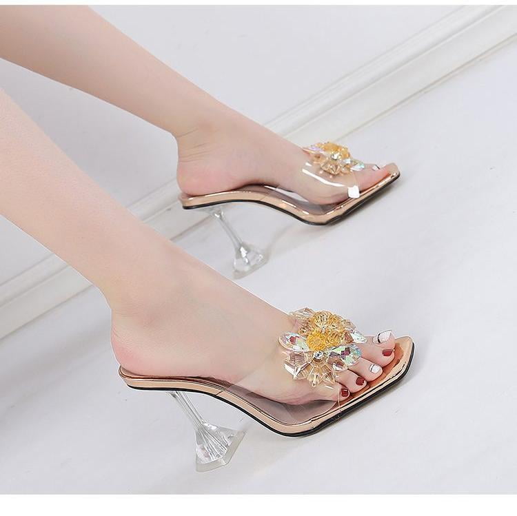 Summer Fashion Sexy Transparent Heel PVC Beautiful Crystal Flower ...
