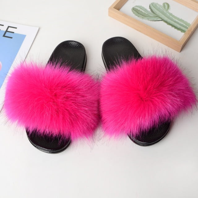Summer Faux Fur Slippers Fuzzy Fur Slides For Women Fluffy Sandals Indoor Outdoor Ladies Shoes ...