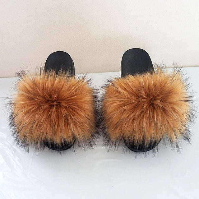 Summer Faux Fur Slippers Fuzzy Fur Slides For Women Fluffy Sandals Indoor Outdoor Ladies Shoes ...
