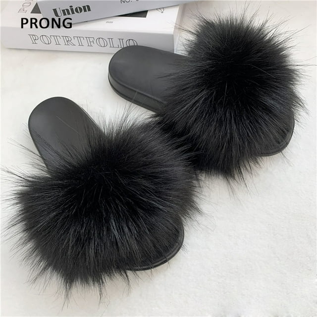 Summer Faux Fur Slippers Women Indoor Furry Fur Slides Female Plush Flip Flops Flats Sandals ...