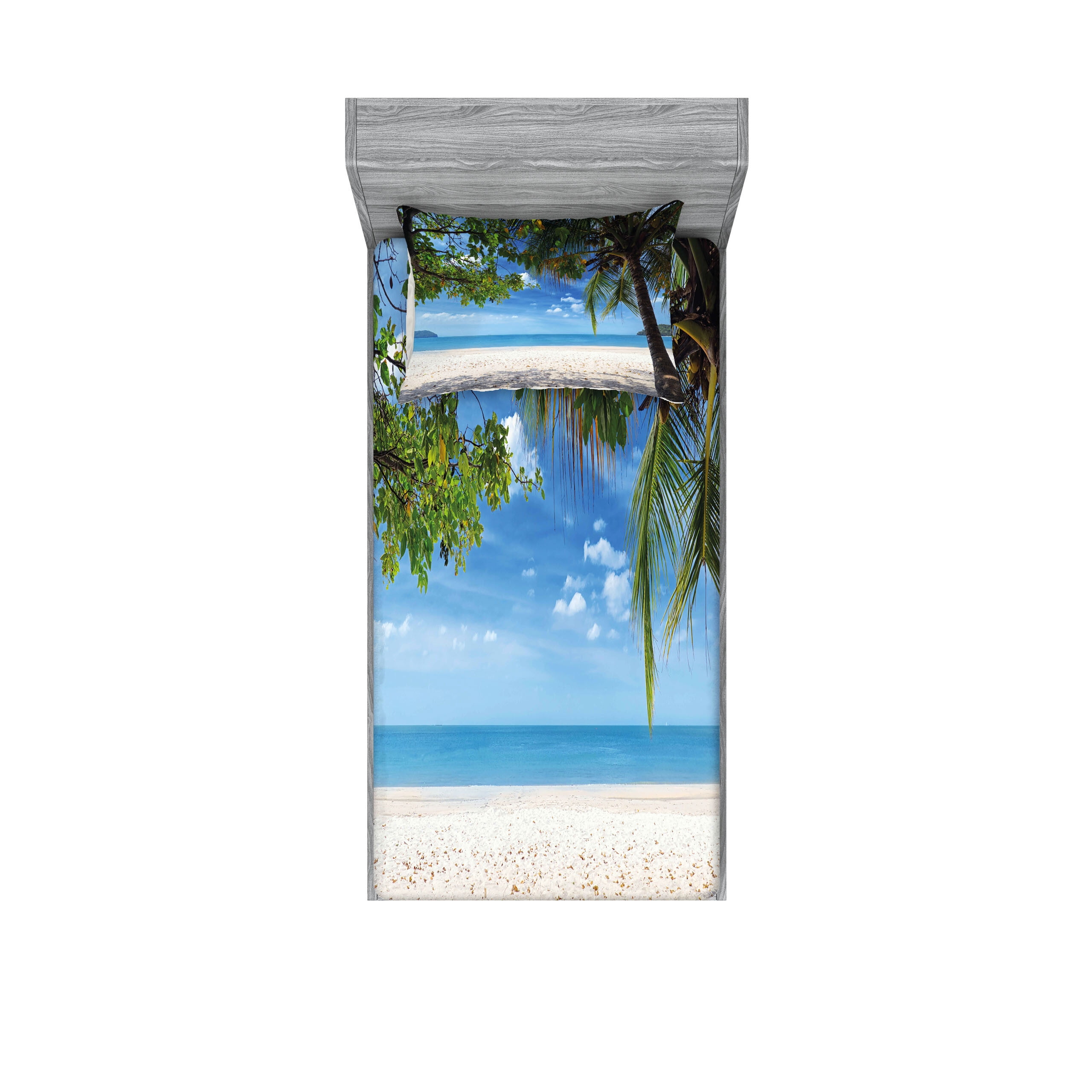 Summer Fitted Sheet & Pillow Sham Set, Tropical Beach Ocean Behind Palm ...